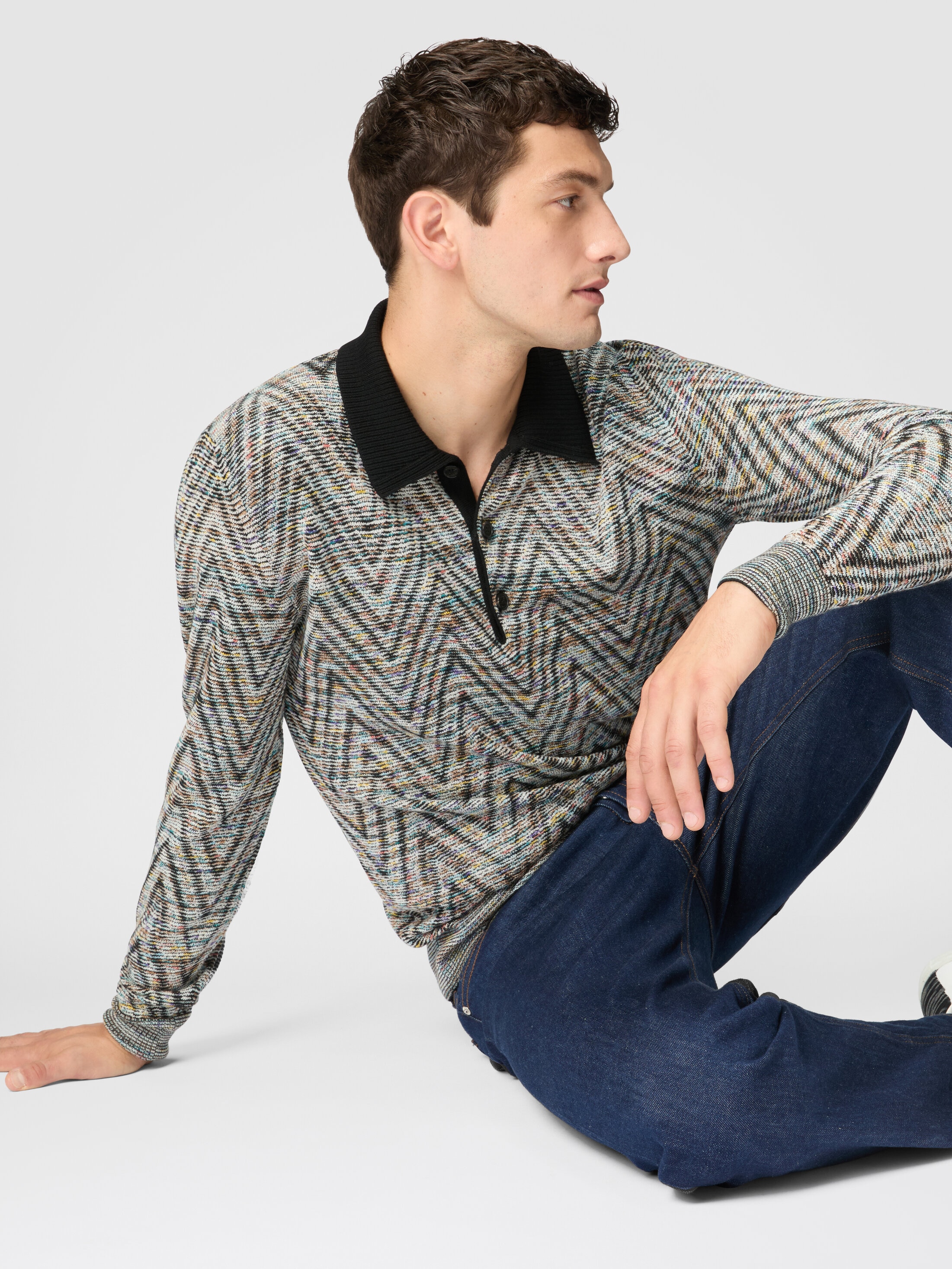 Long-sleeved polo shirt in slub pattern wool Multicoloured Long-sleeved polo shirt in slub pattern wool Multicoloured