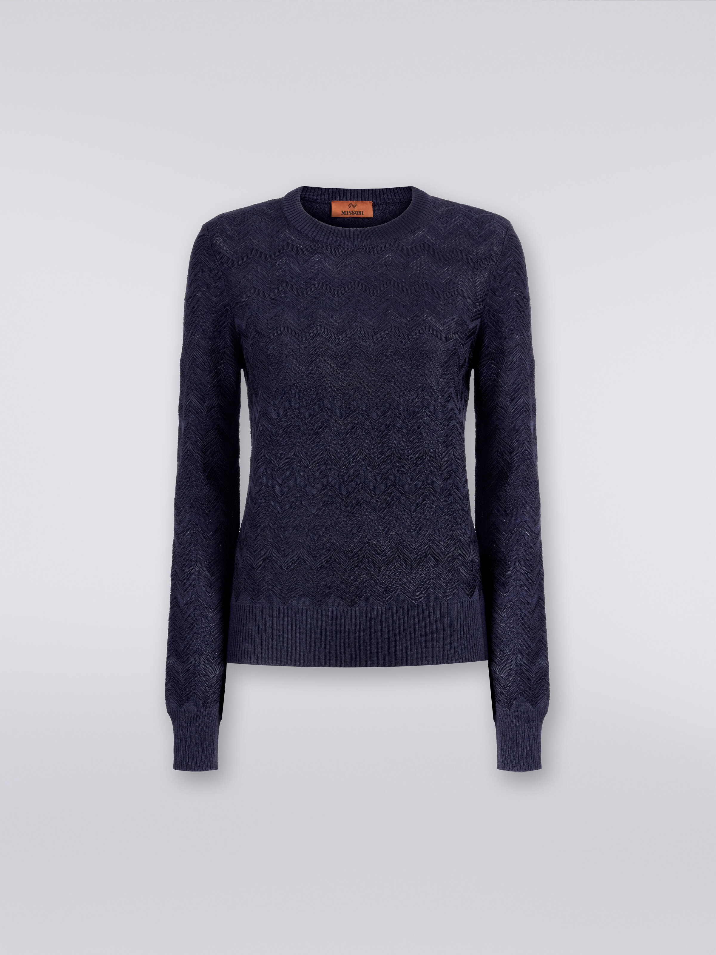 Crew-neck pullover in chevron wool and viscose