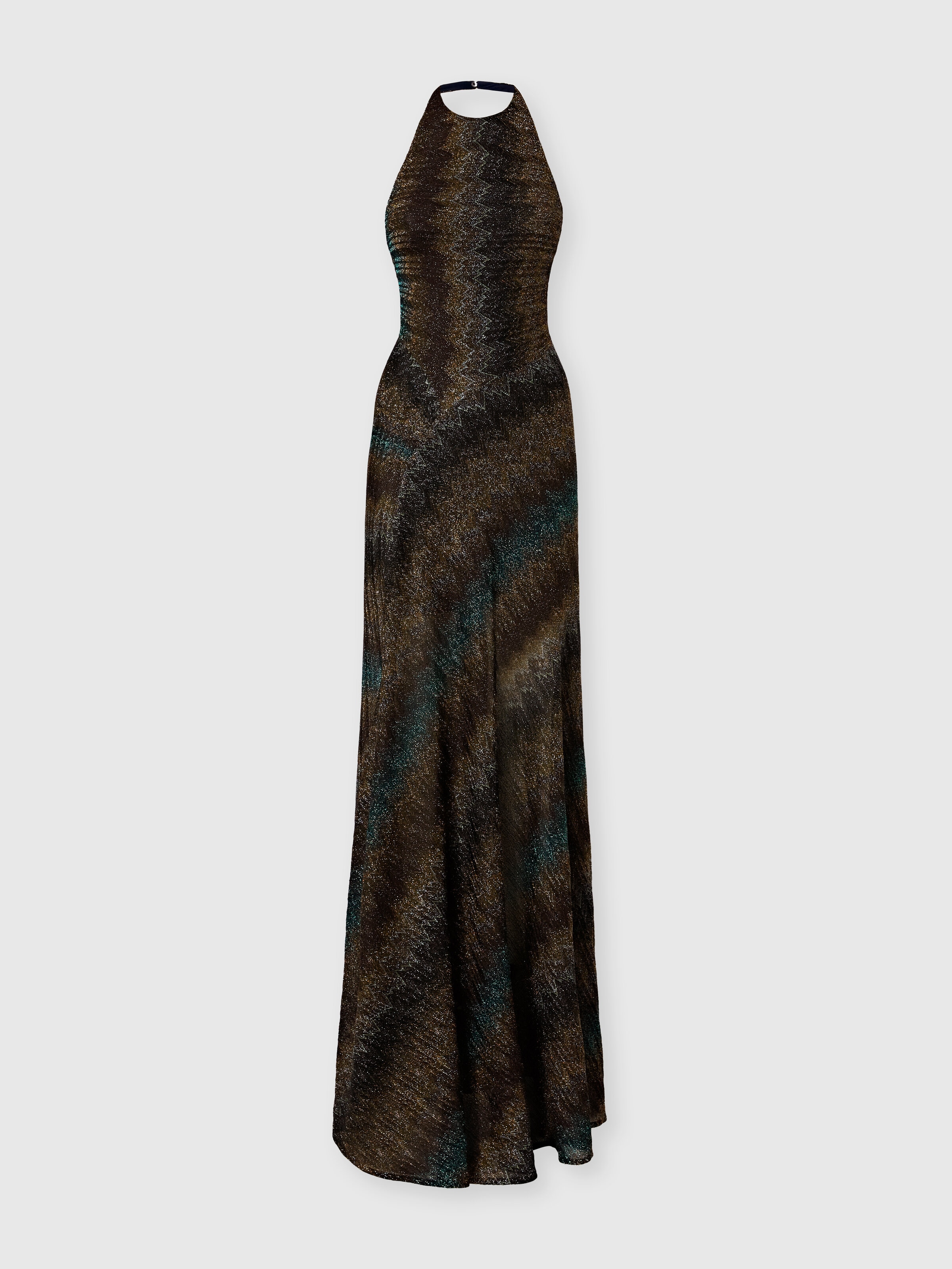 Snake-Pattern Viscose Lamé Gown with Halter Neck Green & Brown | Missoni