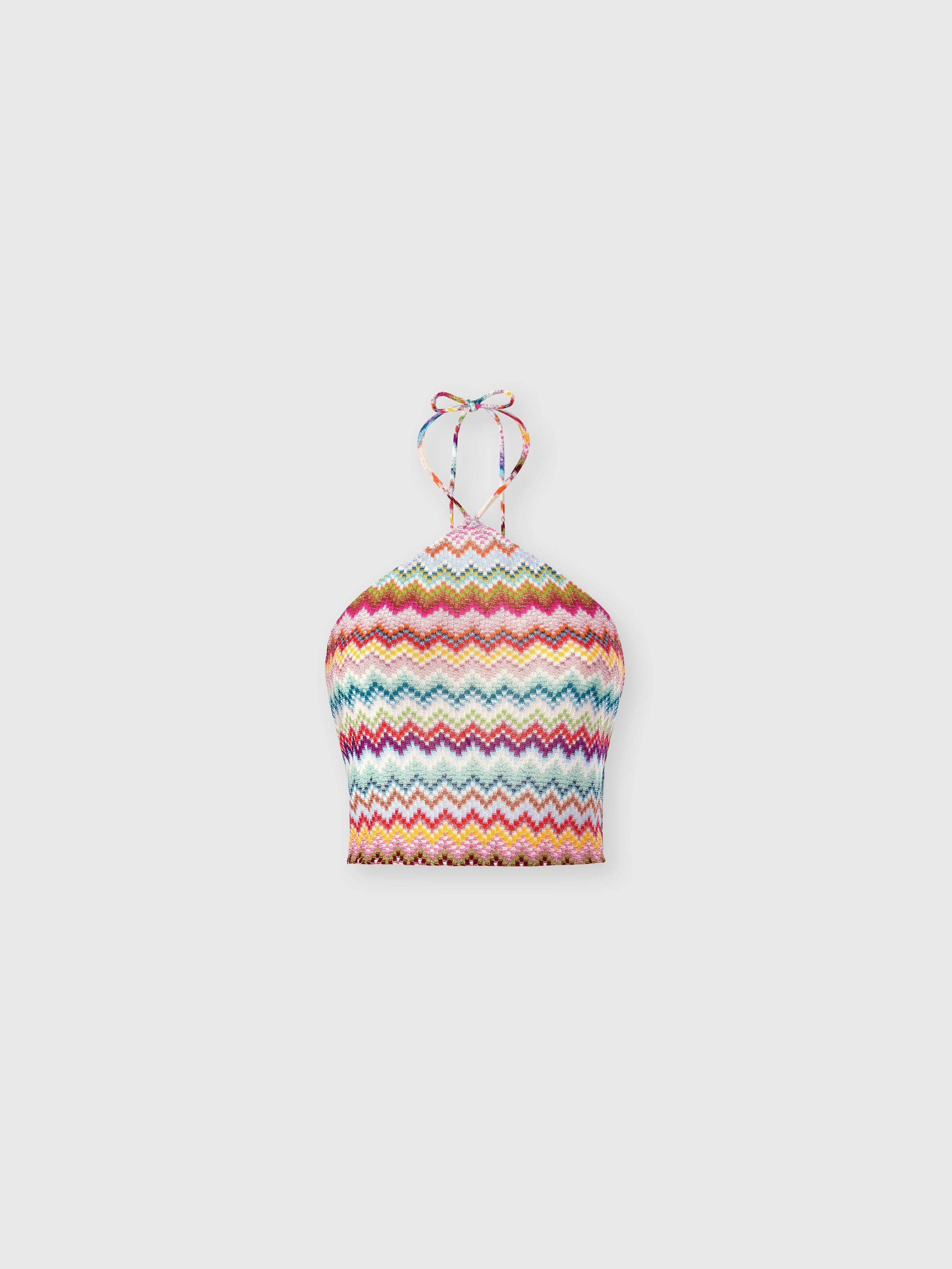 Top in lamé viscose with pixel-effect zigzag pattern and halter ...